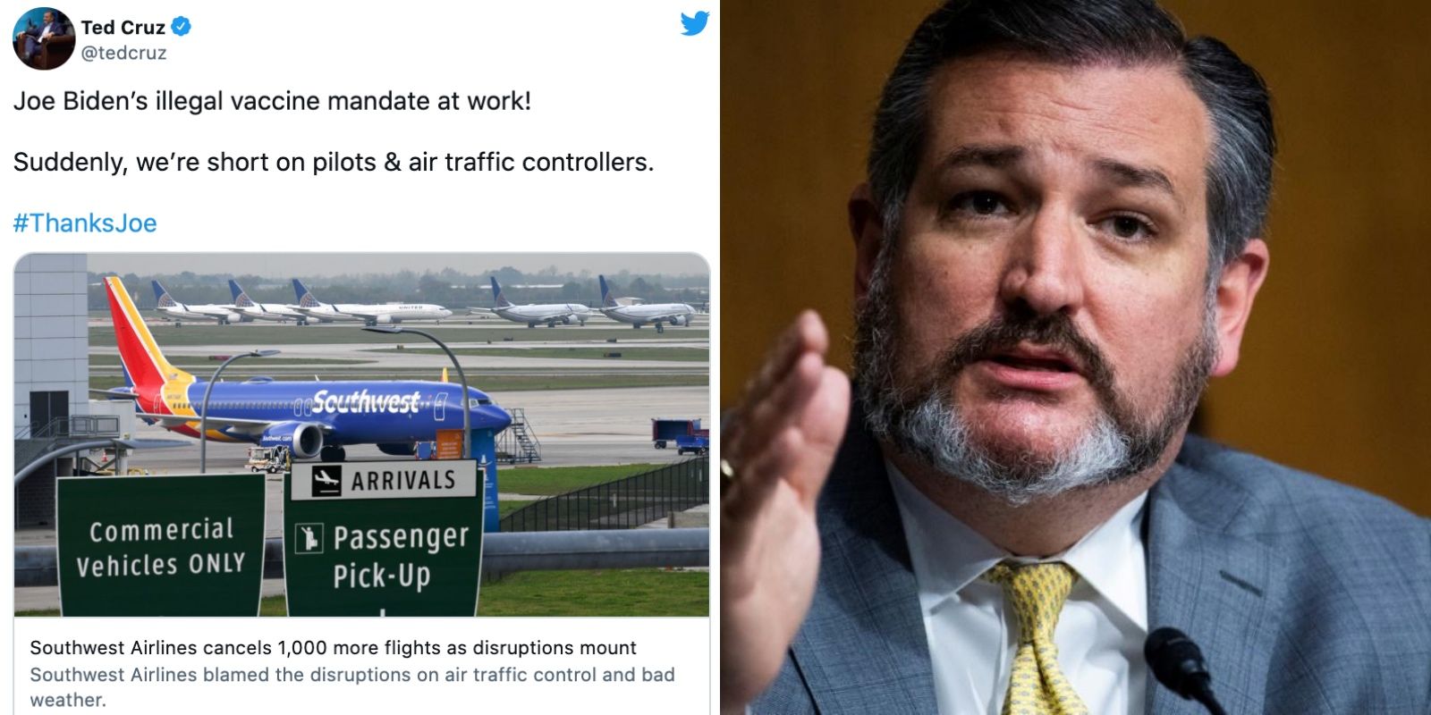 Ted Cruz blasts Biden's 'illegal vaccine mandate' after 1000s of flight ...
