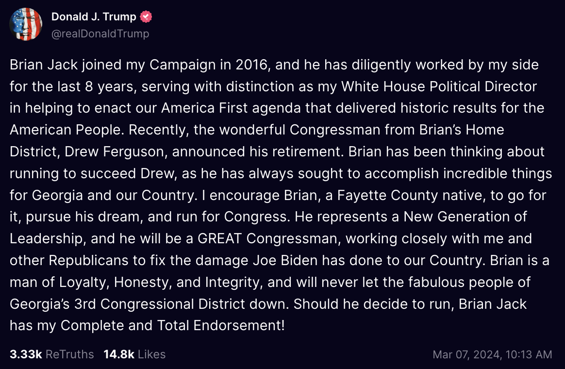 Donald Trump endorses longtime aide Brian Jack in Georgia congressional ...